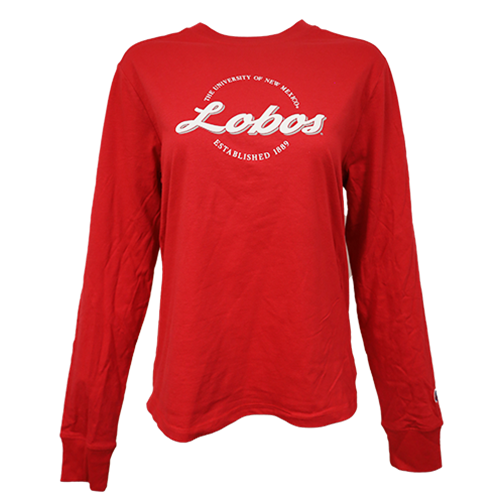 UNM Bookstore Women's Champion Lobos UNM 1889 Long Sleeve T-Shirt Red